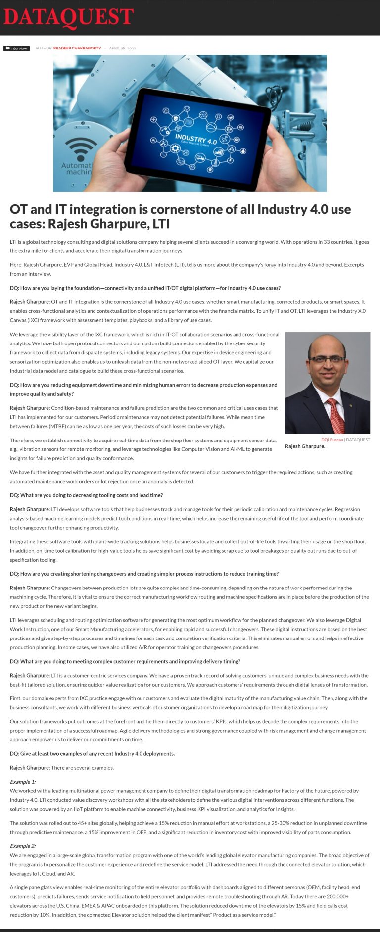 OT and IT integration is cornerstone of all Industry 4.0 - LTIMindtree