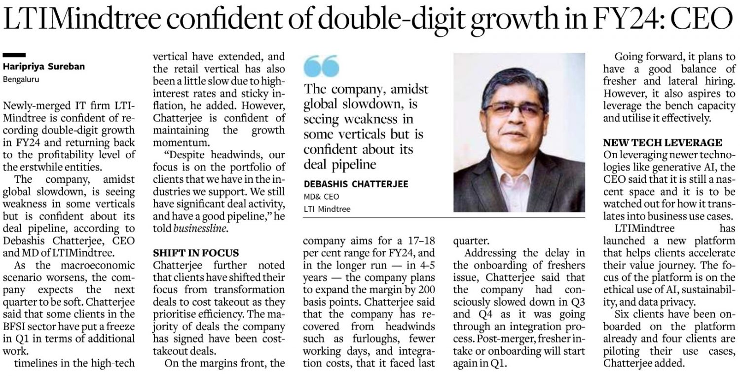 LTIMindtree confident of recording double-digit growth in FY24: CEO